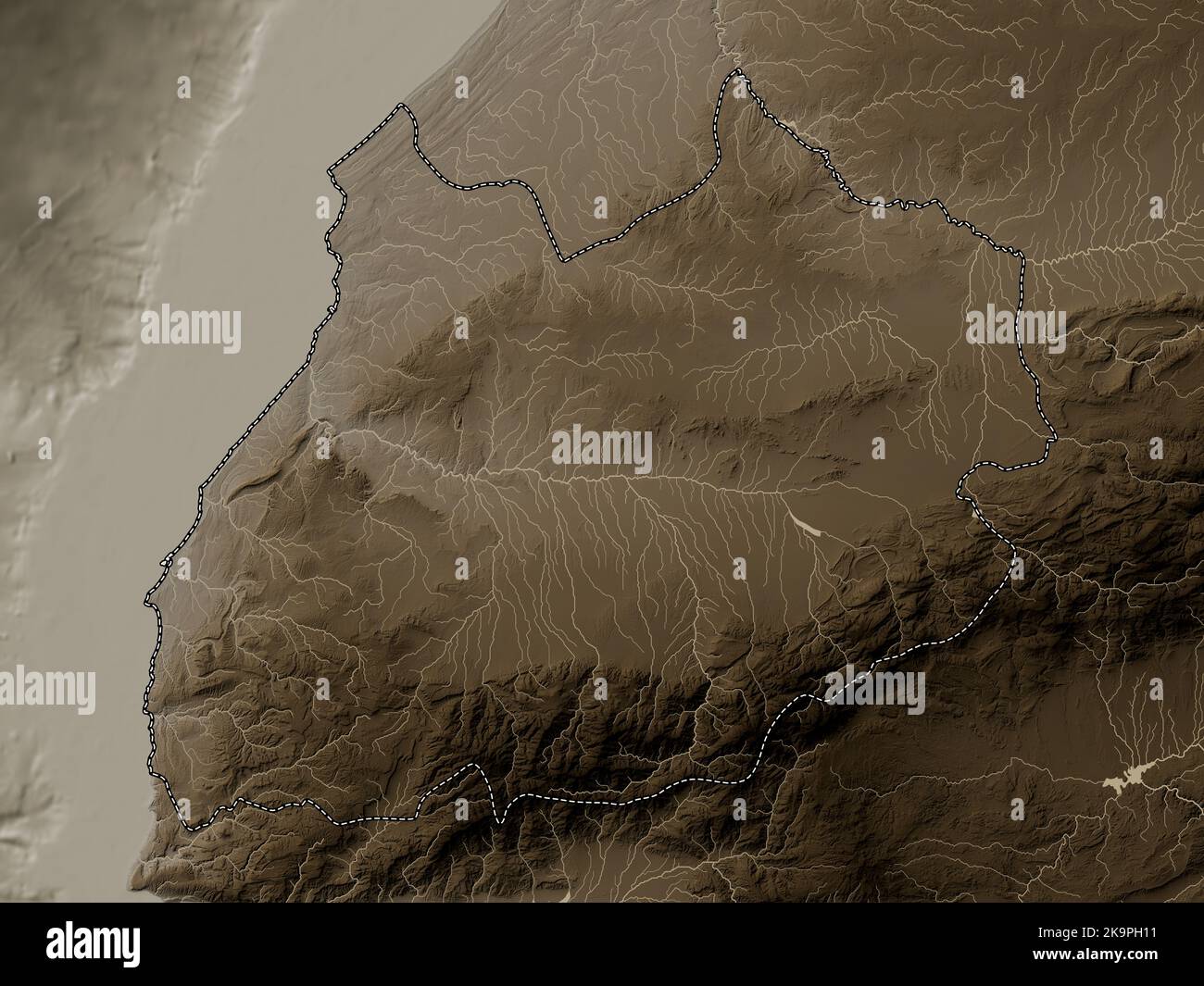 Marrakech-Safi, region of Morocco. Elevation map colored in sepia tones ...