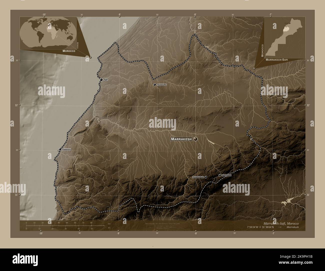 Marrakech-Safi, region of Morocco. Elevation map colored in sepia tones ...