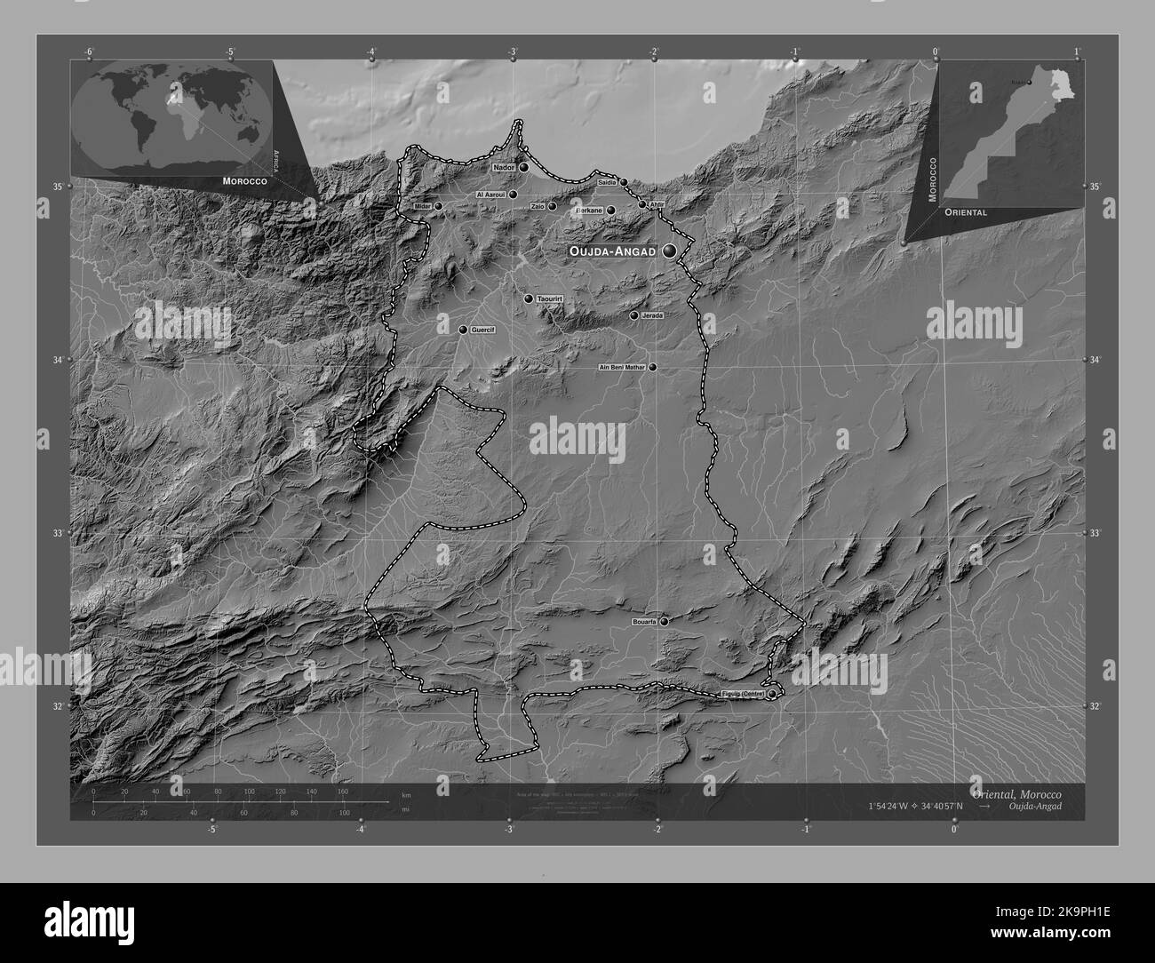 Oriental, region of Morocco. Bilevel elevation map with lakes and ...