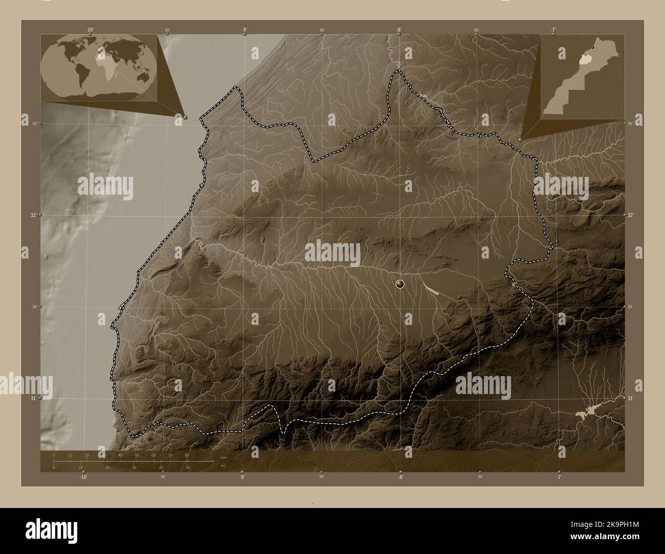 Marrakech-Safi, region of Morocco. Elevation map colored in sepia tones ...