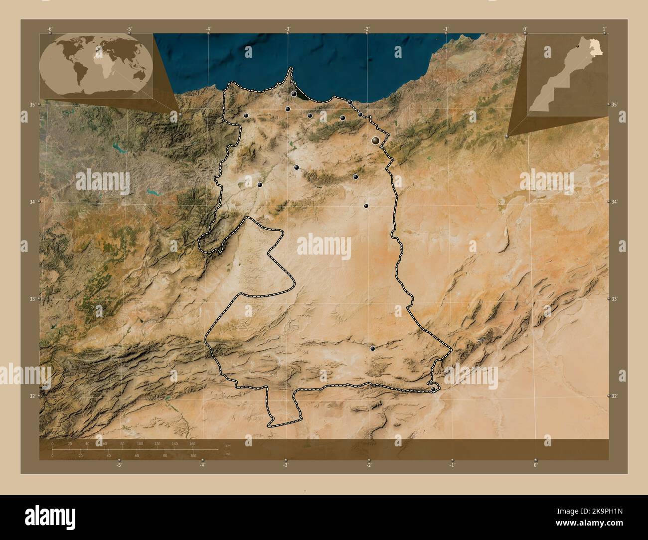 Oriental, region of Morocco. Low resolution satellite map. Locations of ...