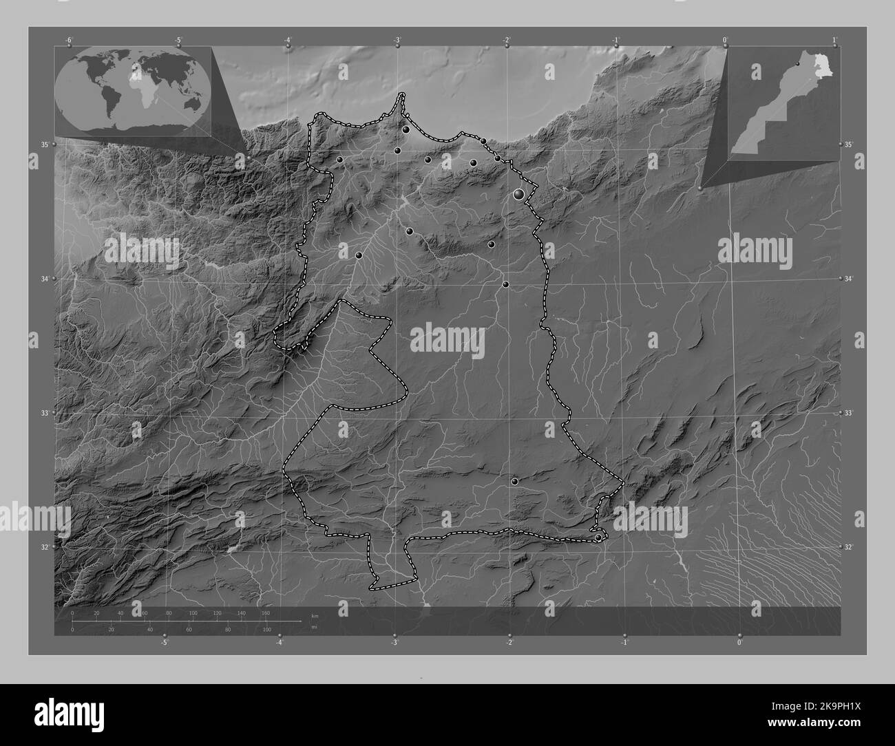 Oriental, region of Morocco. Grayscale elevation map with lakes and ...