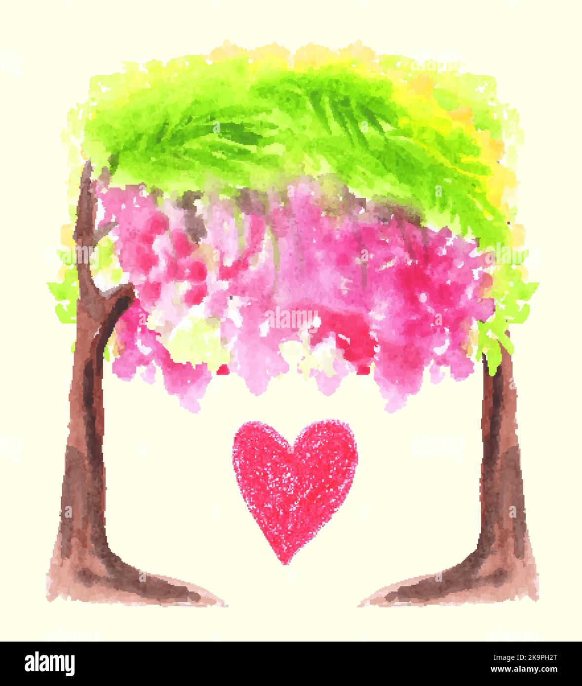 Two watercolor trees and a heart, template for design Stock Vector ...