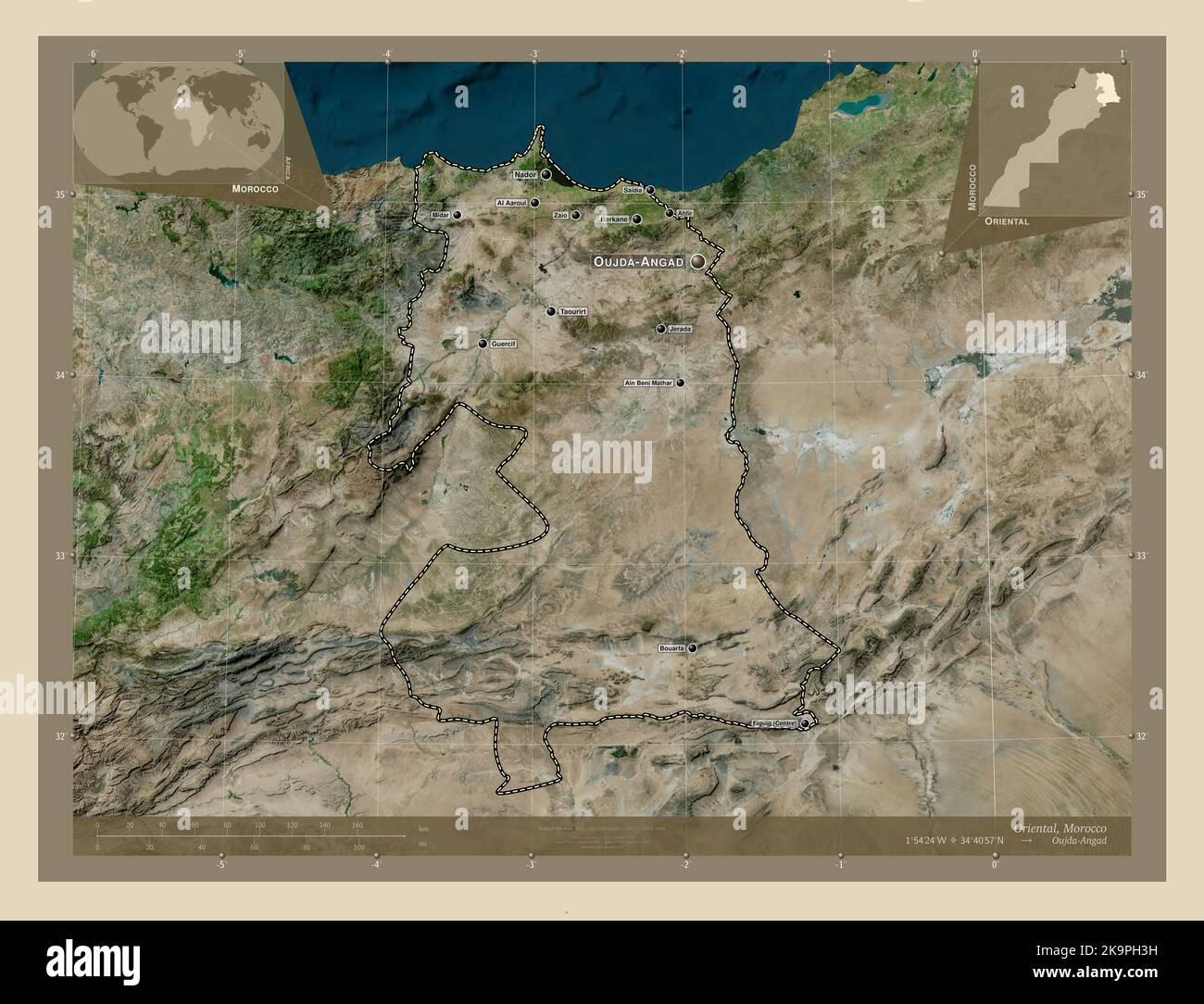 Oriental, region of Morocco. High resolution satellite map. Locations ...