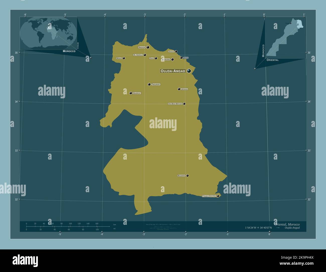 Oriental, region of Morocco. Solid color shape. Locations and names of ...