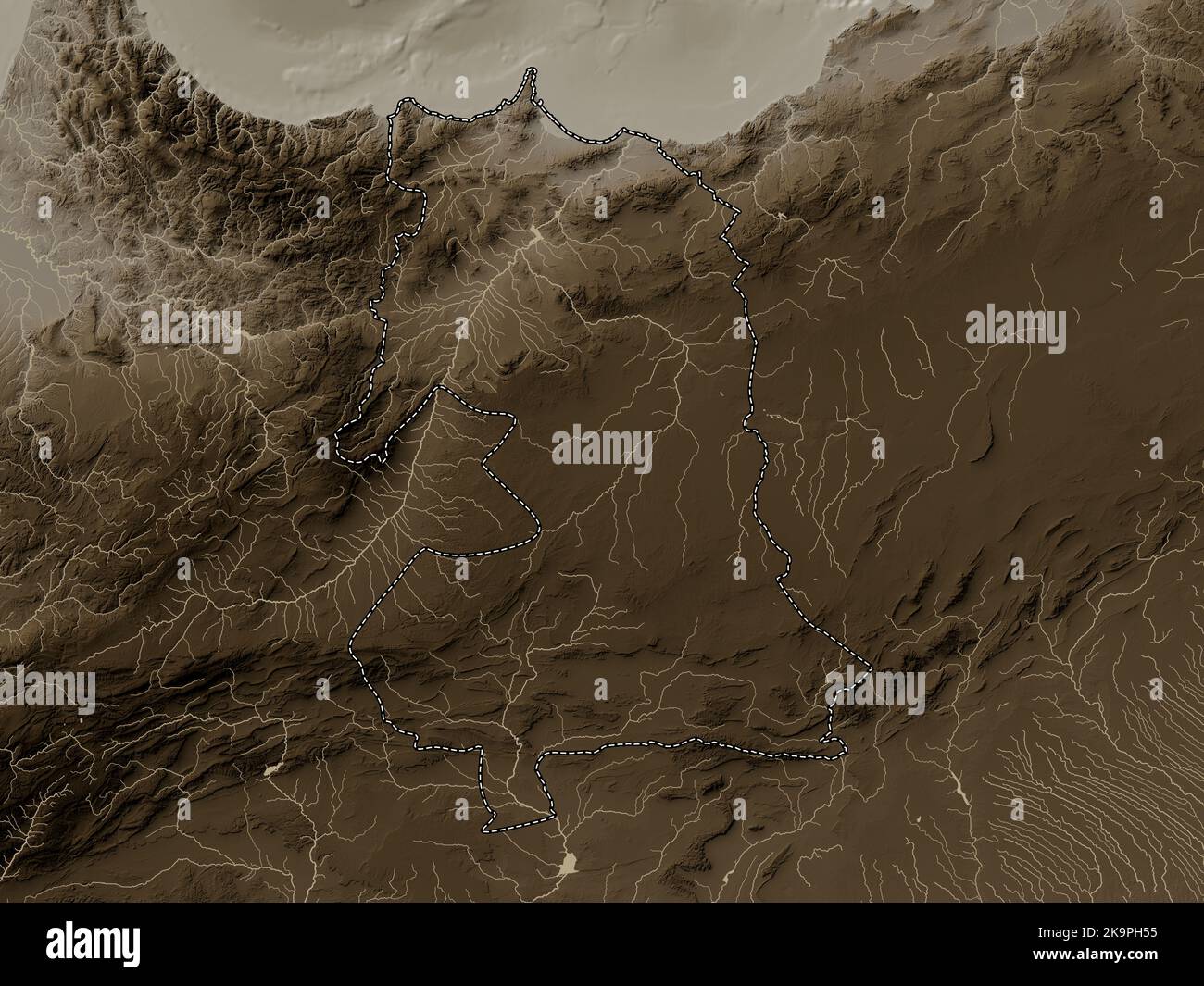 Oriental, region of Morocco. Elevation map colored in sepia tones with ...