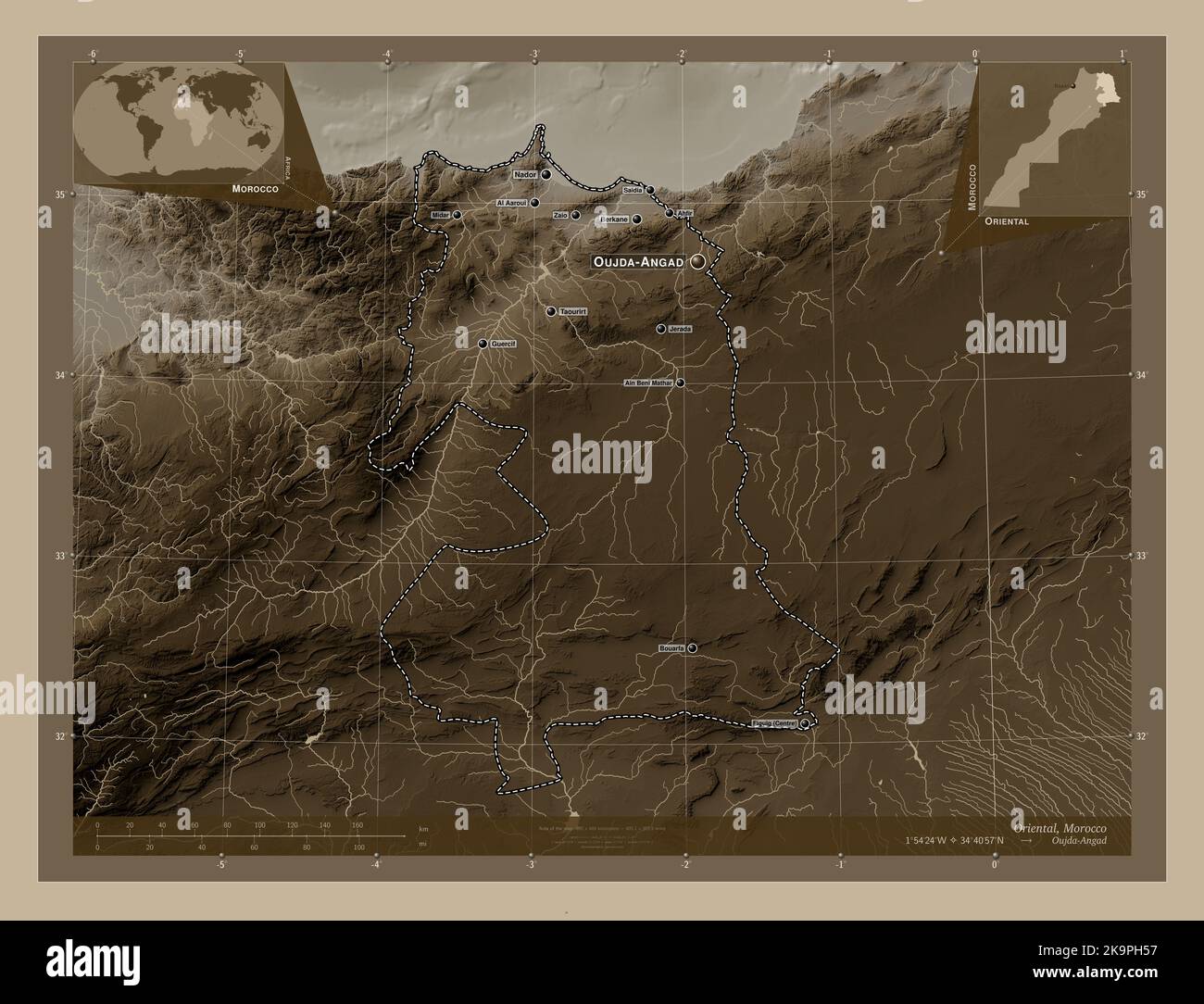 Oriental, region of Morocco. Elevation map colored in sepia tones with ...