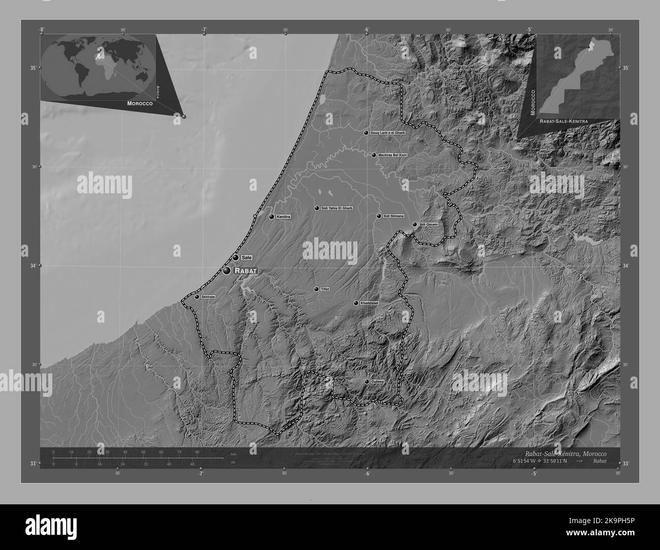 Rabat-Sale-Kenitra, region of Morocco. Bilevel elevation map with lakes ...