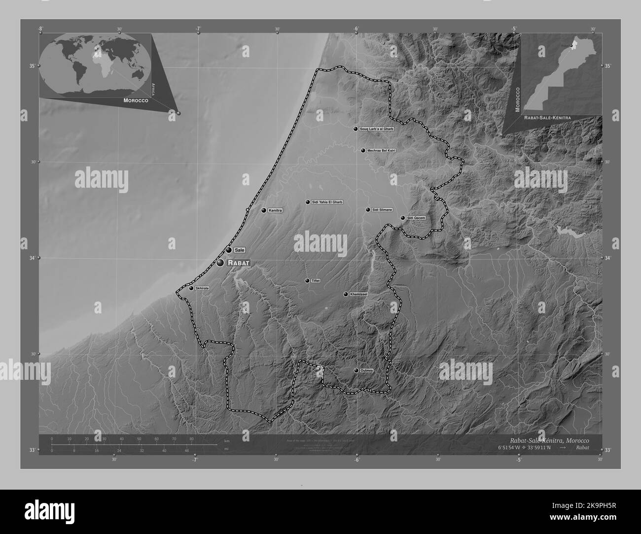 Rabat-Sale-Kenitra, region of Morocco. Grayscale elevation map with ...