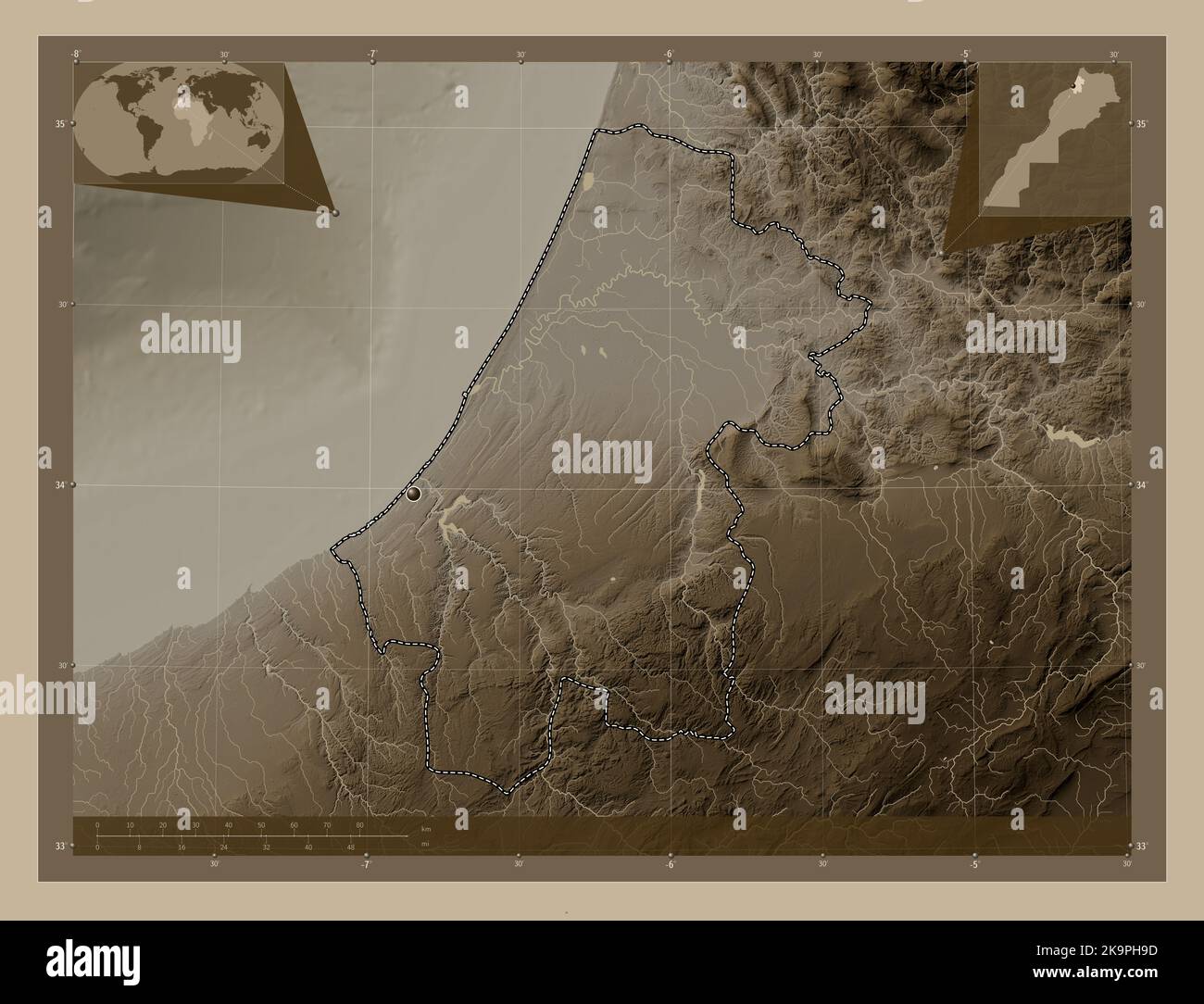 Rabat-Sale-Kenitra, region of Morocco. Elevation map colored in sepia ...