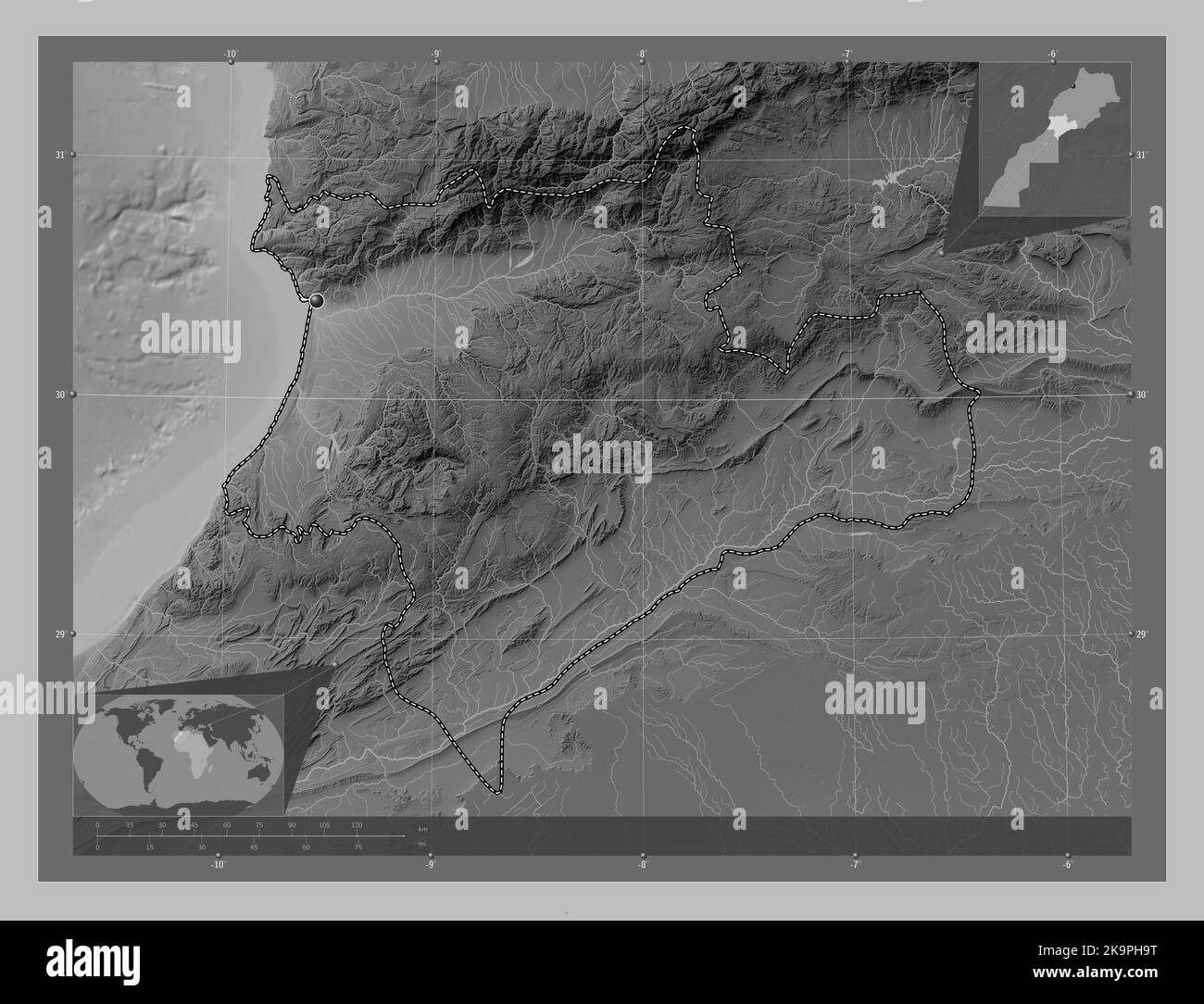 Souss-Massa, region of Morocco. Grayscale elevation map with lakes and ...