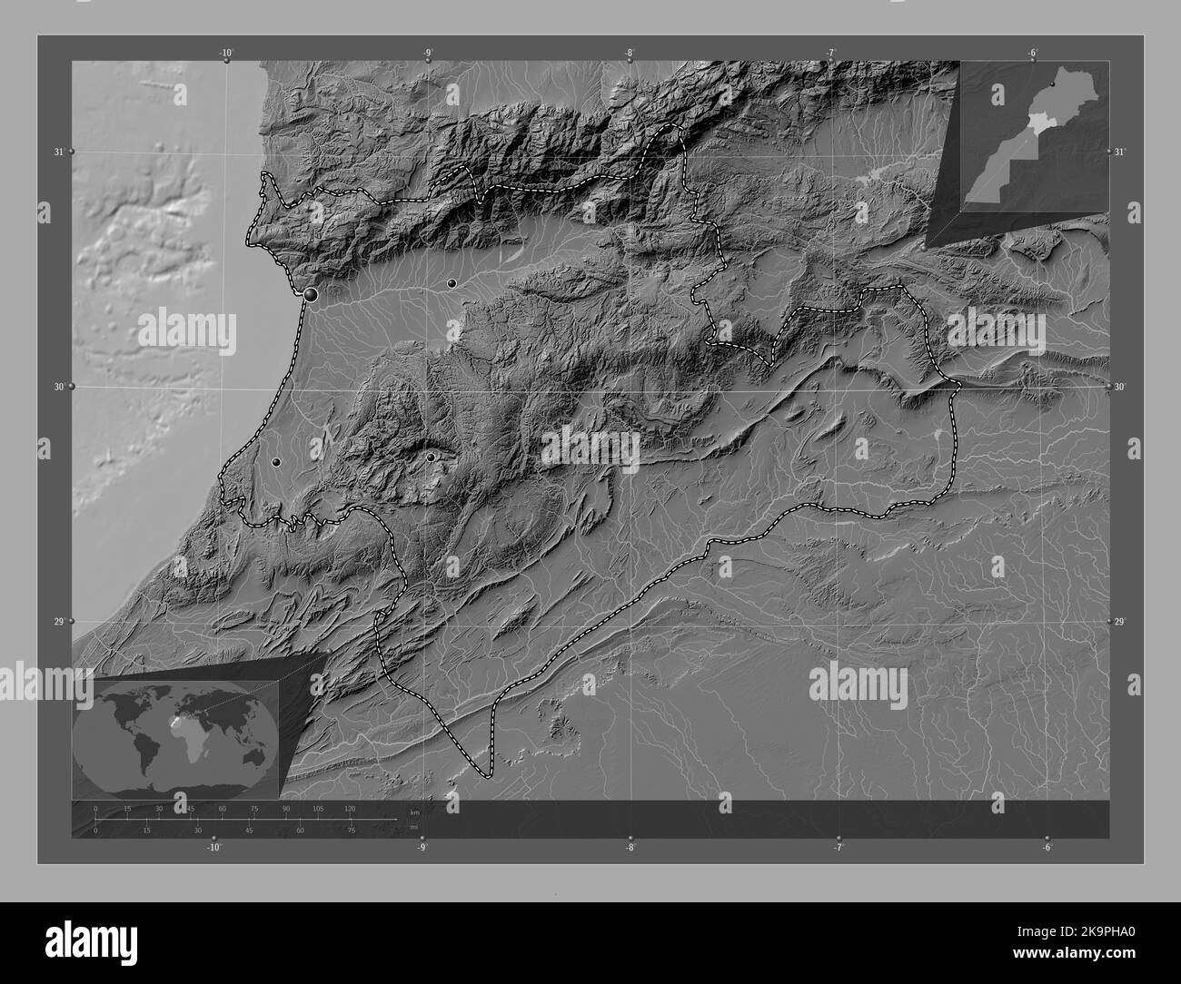 Souss-Massa, region of Morocco. Bilevel elevation map with lakes and ...