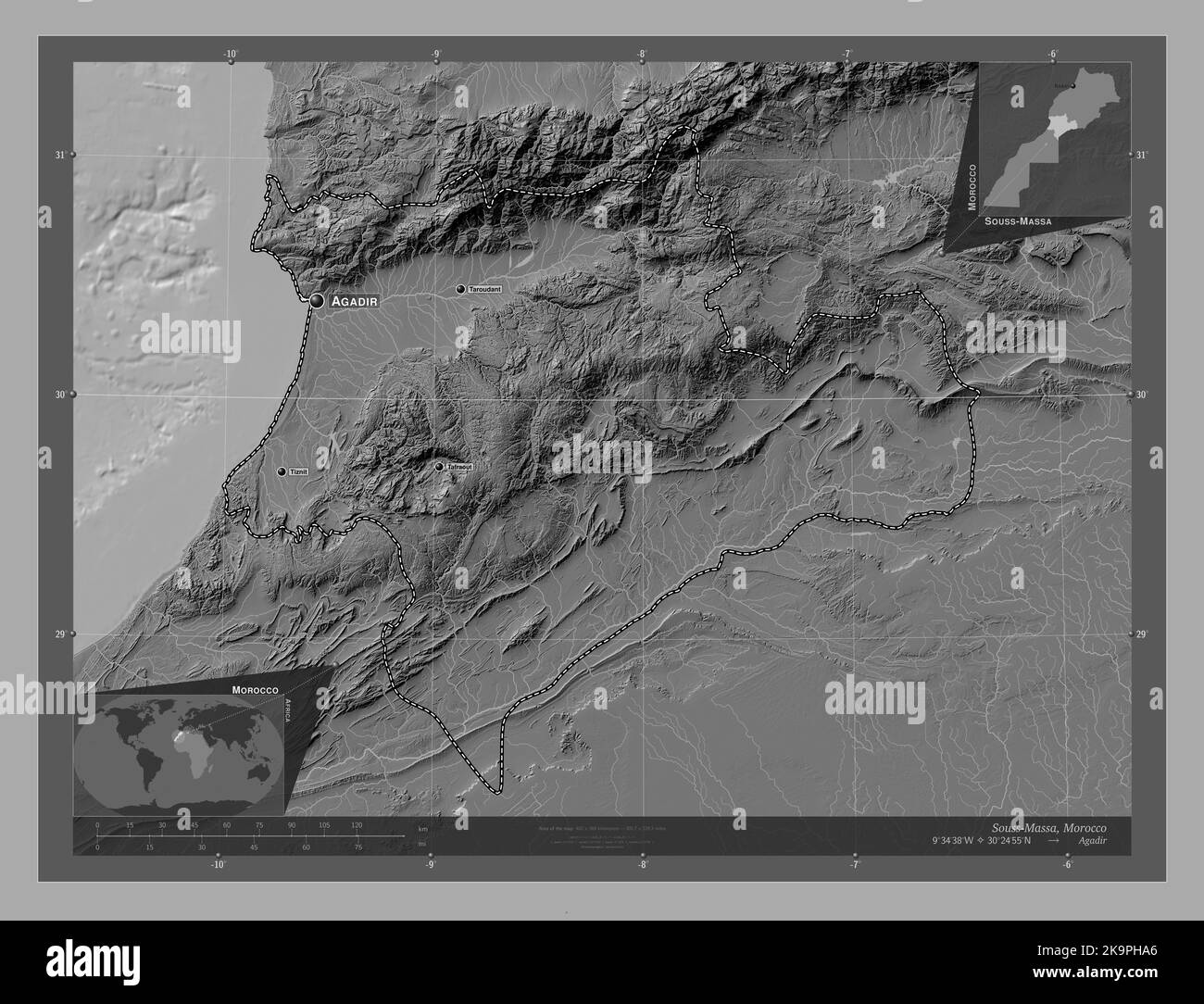 Souss-Massa, region of Morocco. Bilevel elevation map with lakes and ...
