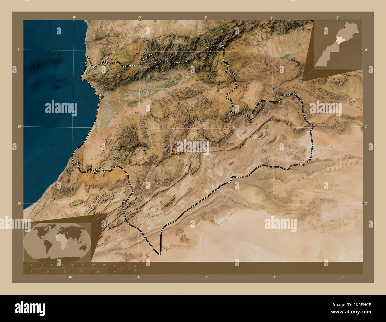 Souss-Massa, region of Morocco. Low resolution satellite map. Corner ...
