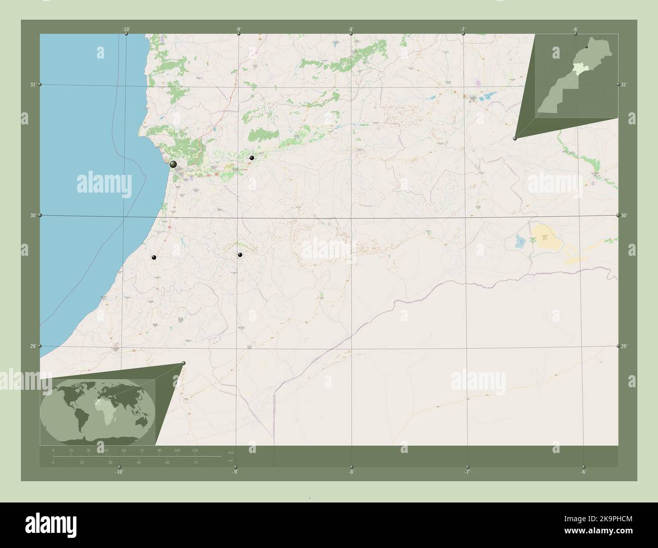 Souss-Massa, region of Morocco. Open Street Map. Locations of major ...