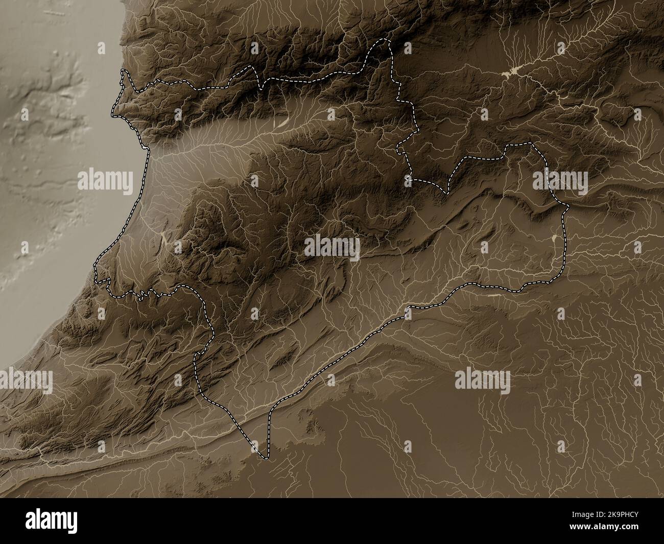 Souss-Massa, region of Morocco. Elevation map colored in sepia tones ...