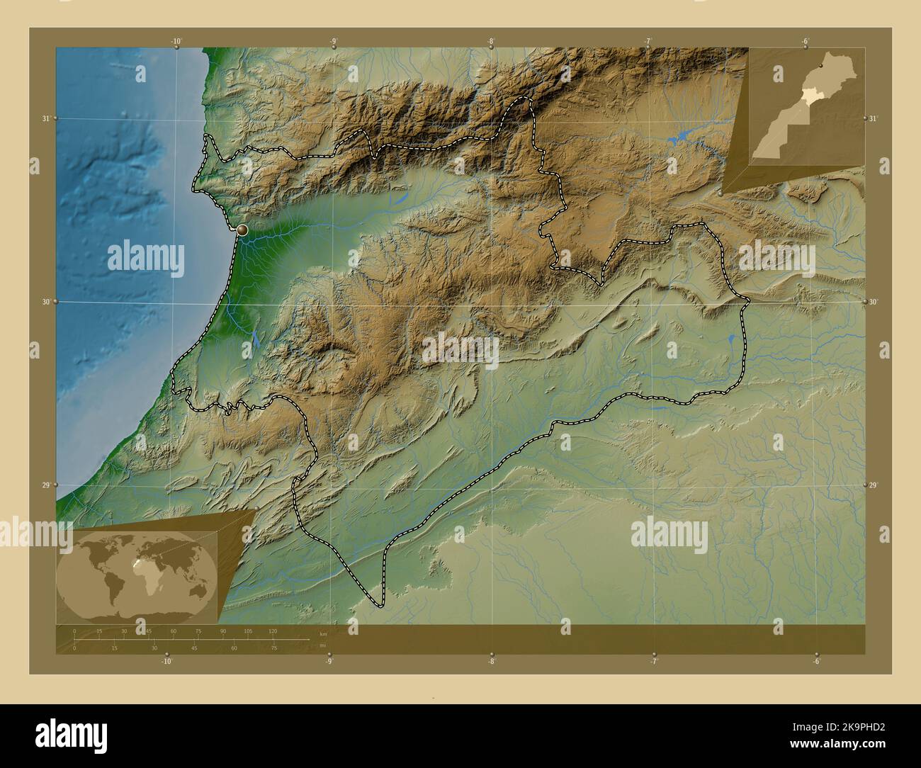Souss-Massa, region of Morocco. Colored elevation map with lakes and ...