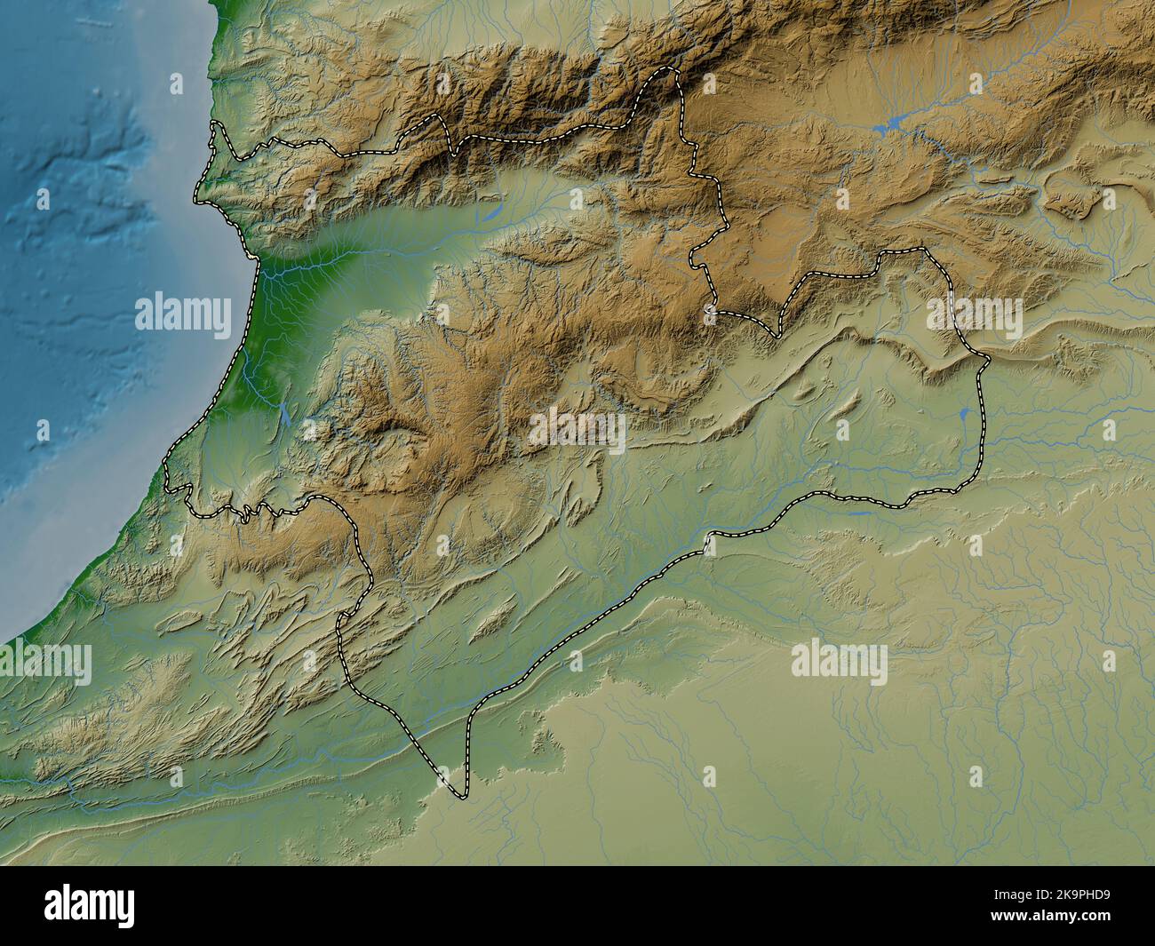 Souss-Massa, region of Morocco. Colored elevation map with lakes and ...