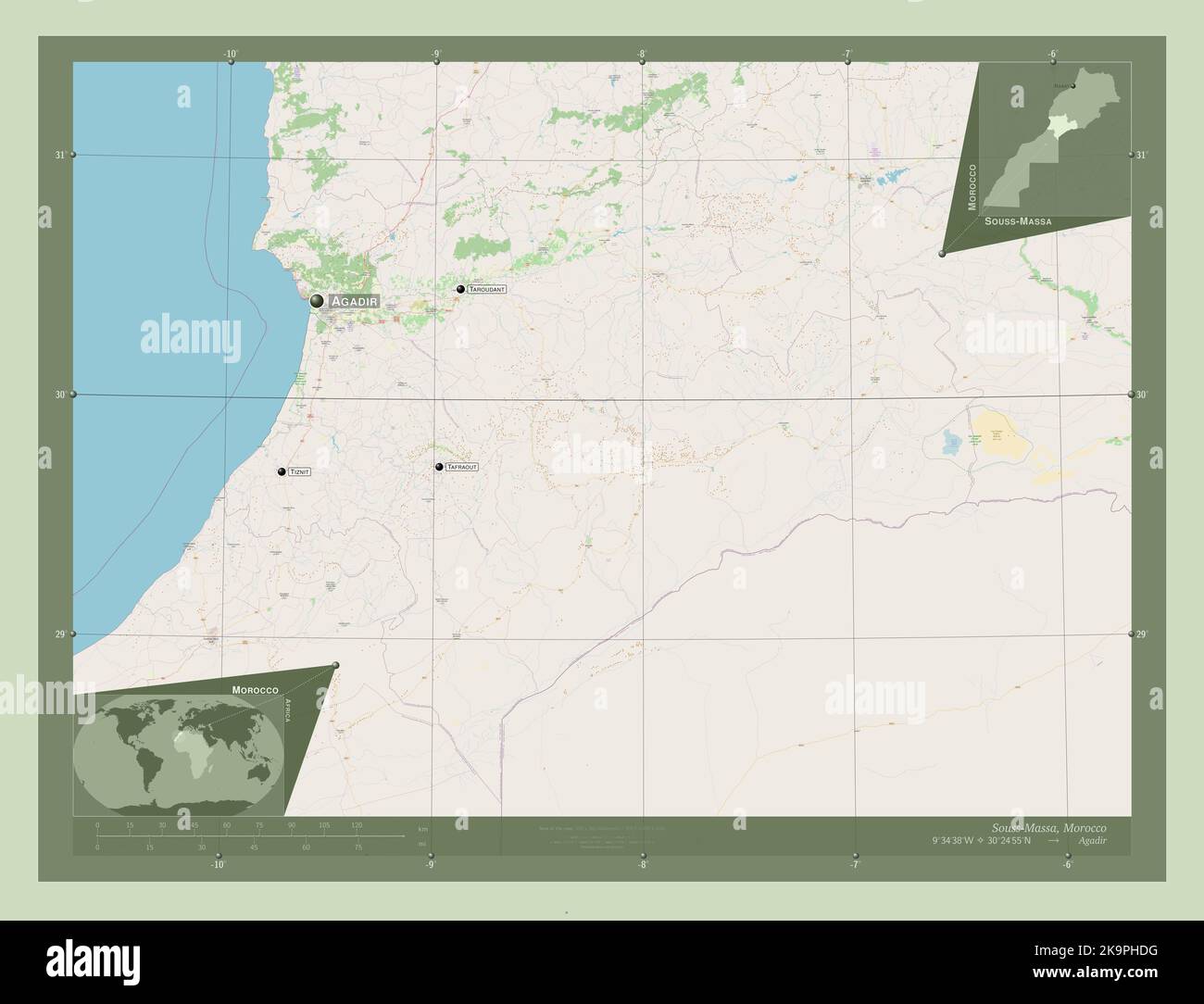 Souss-Massa, region of Morocco. Open Street Map. Locations and names of ...