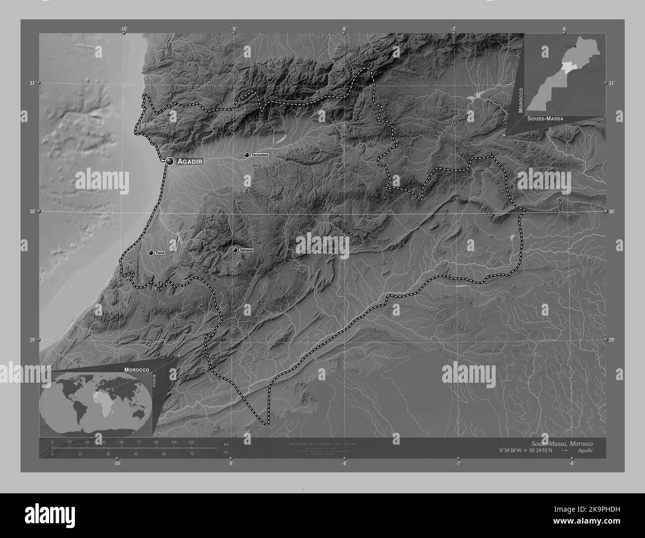 Souss-Massa, region of Morocco. Grayscale elevation map with lakes and ...