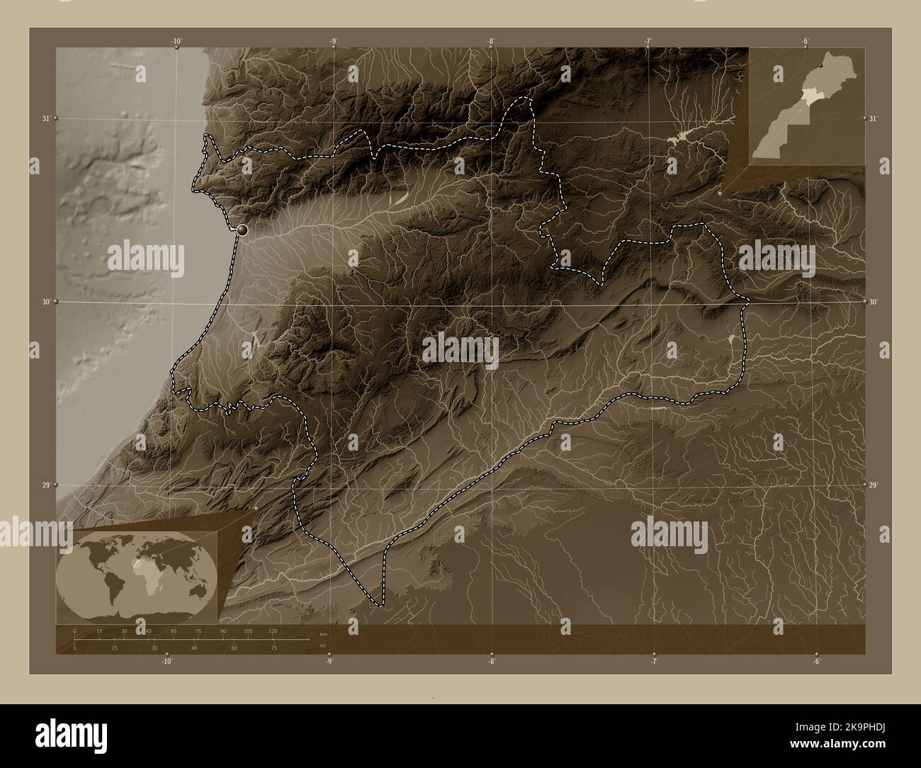 Souss-Massa, region of Morocco. Elevation map colored in sepia tones ...