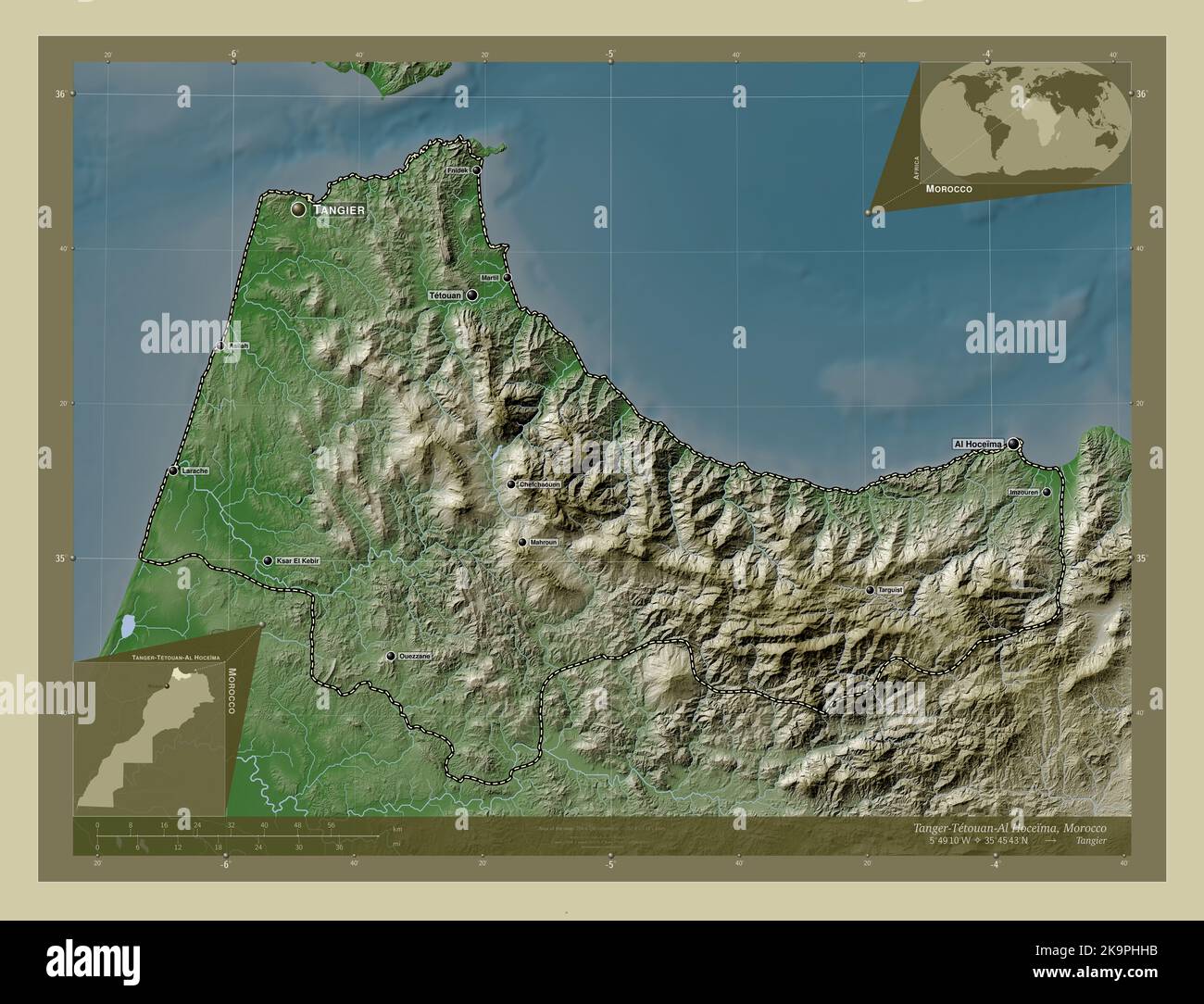 Tanger-Tetouan-Al Hoceima, region of Morocco. Elevation map colored in ...