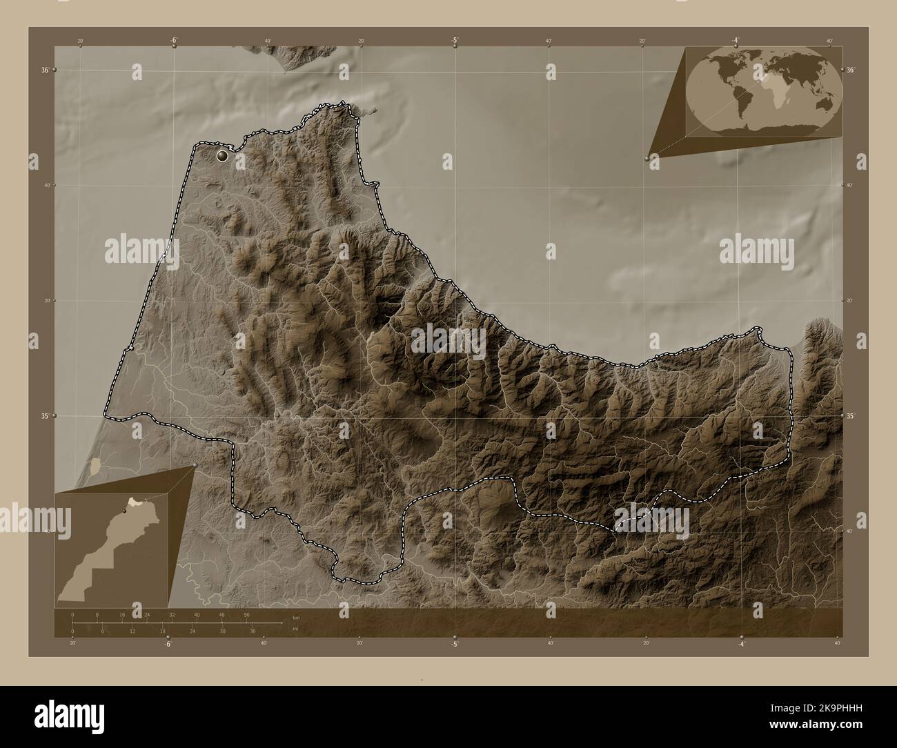 Tanger-Tetouan-Al Hoceima, region of Morocco. Elevation map colored in ...