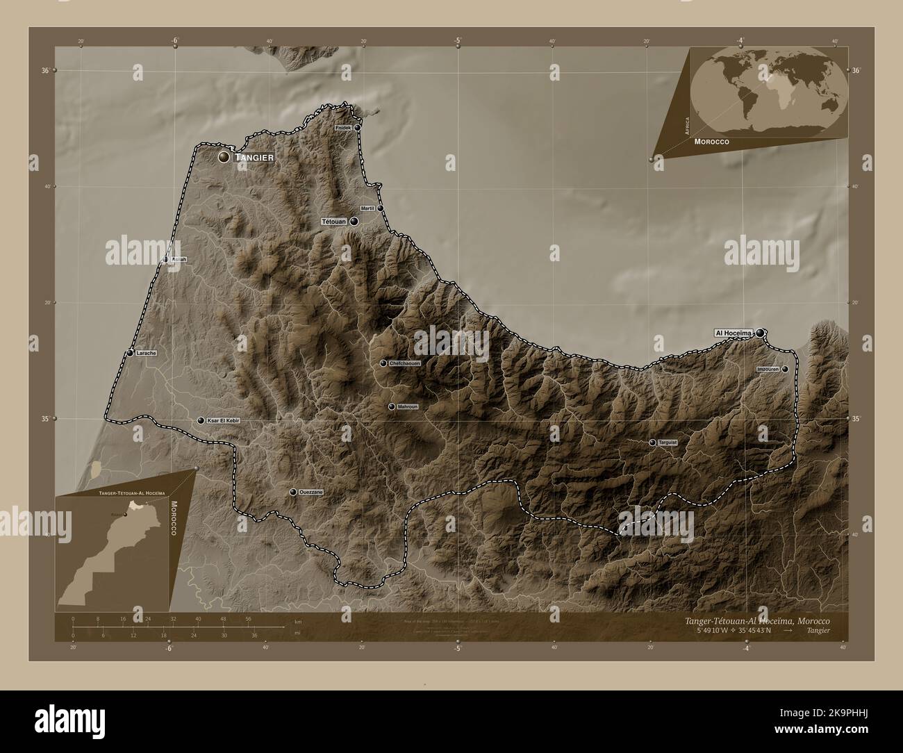 Tanger-Tetouan-Al Hoceima, region of Morocco. Elevation map colored in ...