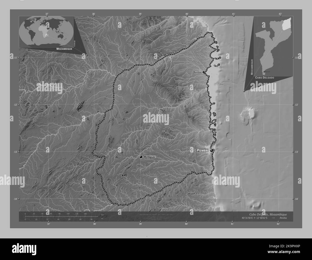 Cabo Delgado, province of Mozambique. Grayscale elevation map with ...