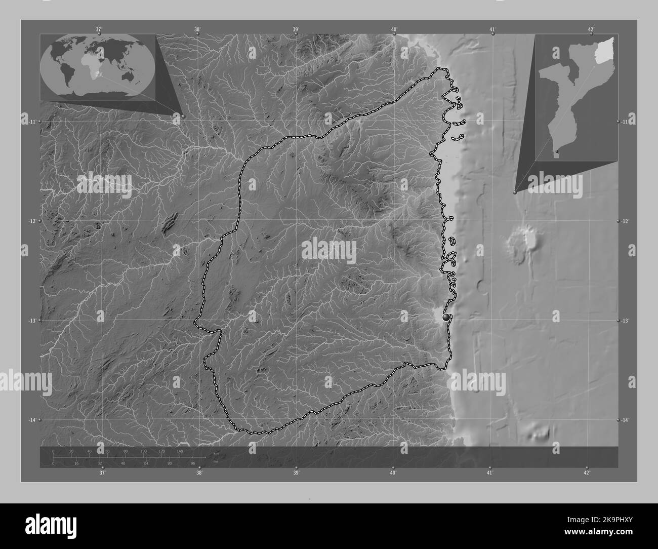 Cabo Delgado, province of Mozambique. Grayscale elevation map with ...