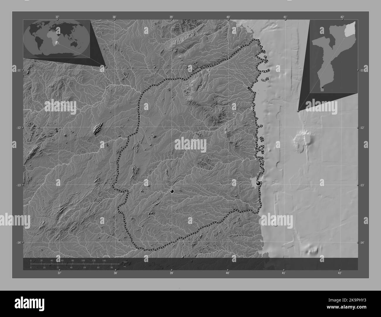 Cabo Delgado, province of Mozambique. Bilevel elevation map with lakes ...