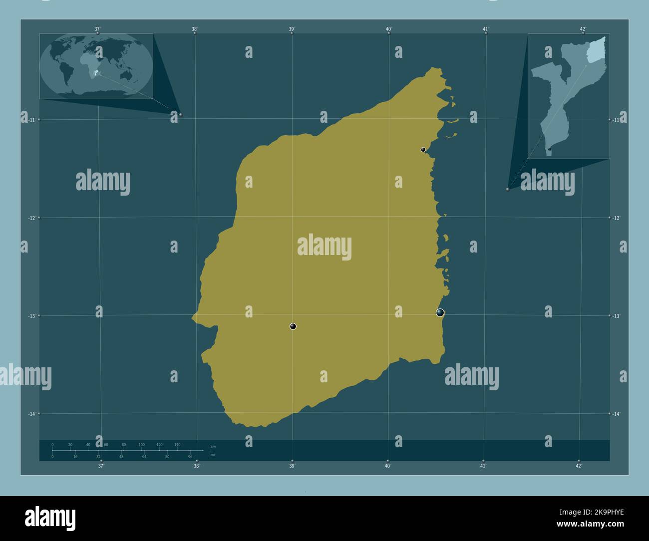 Cabo Delgado, province of Mozambique. Solid color shape. Locations of ...