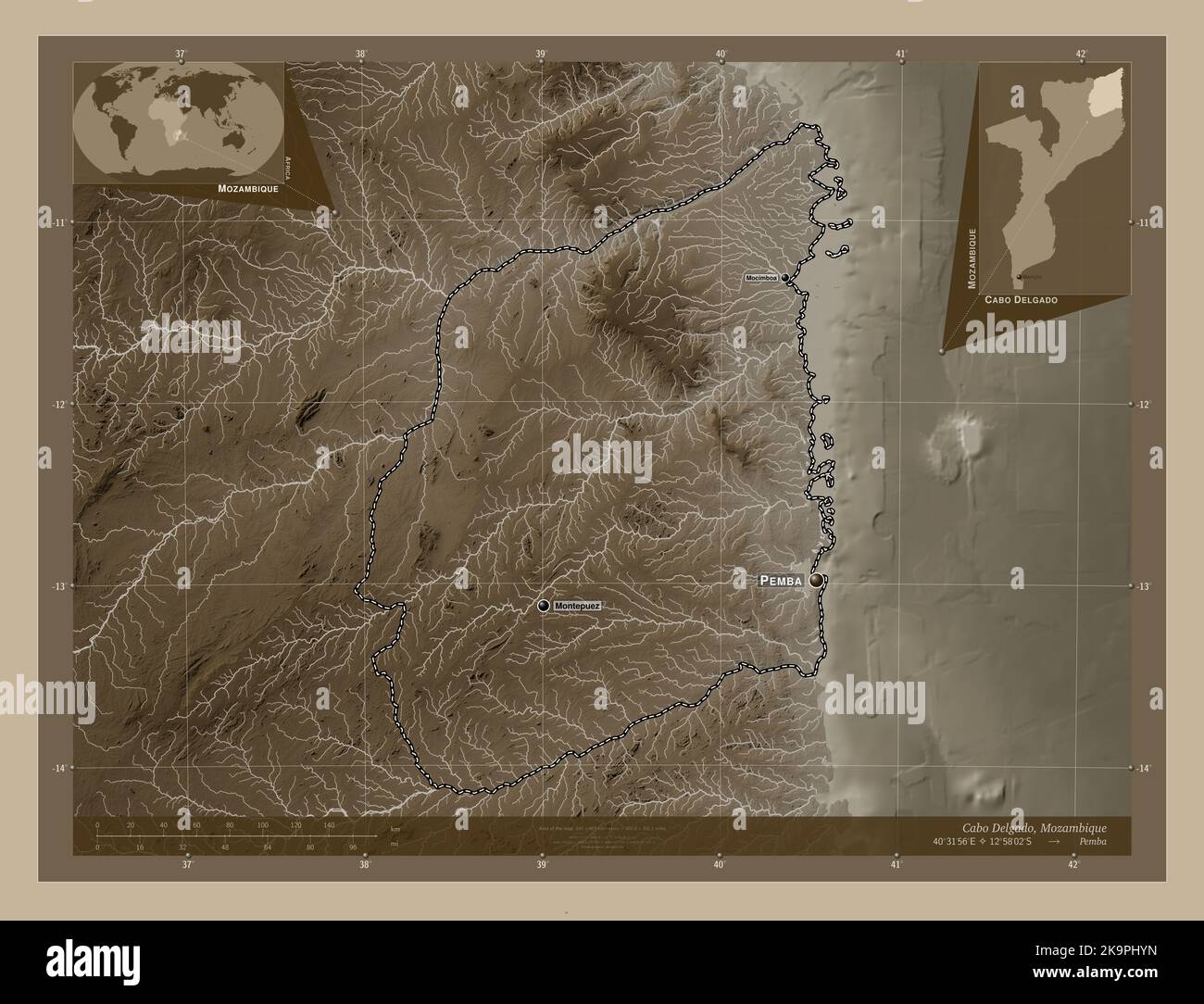 Cabo Delgado, province of Mozambique. Elevation map colored in sepia ...