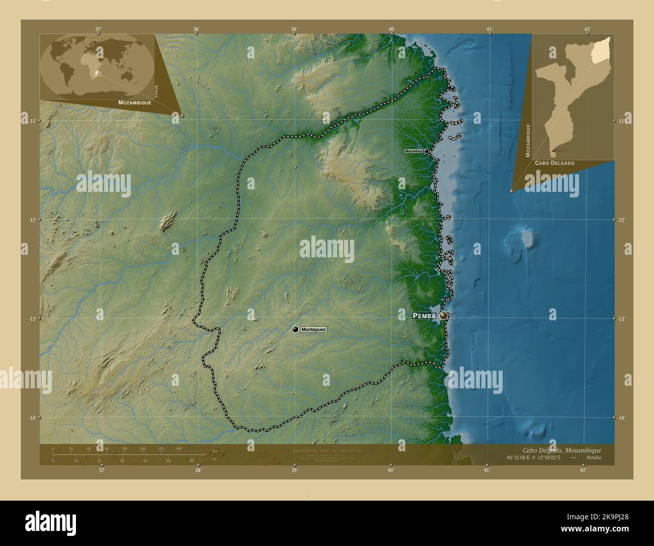 Cabo Delgado, province of Mozambique. Colored elevation map with lakes ...