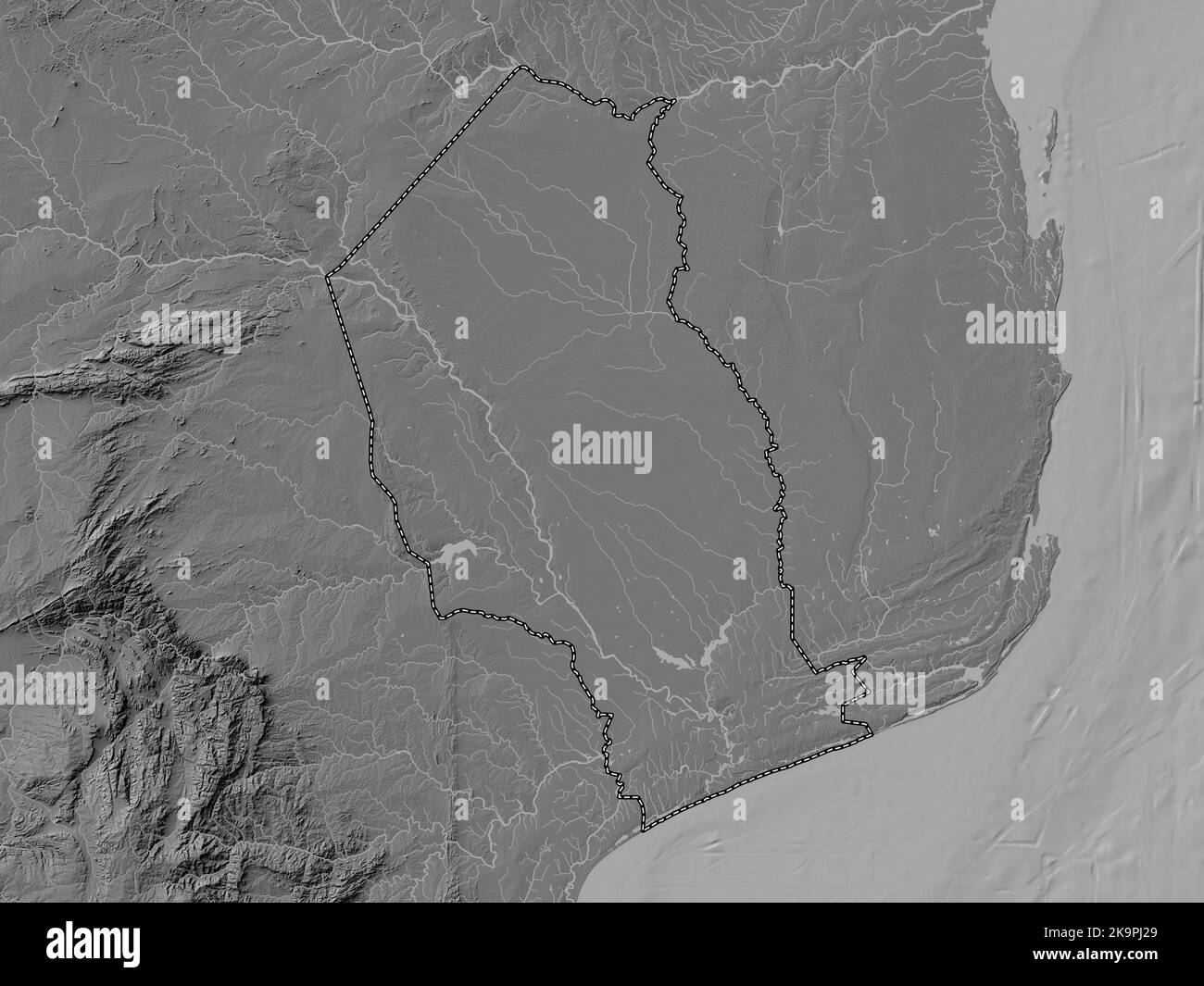 Gaza, province of Mozambique. Bilevel elevation map with lakes and ...