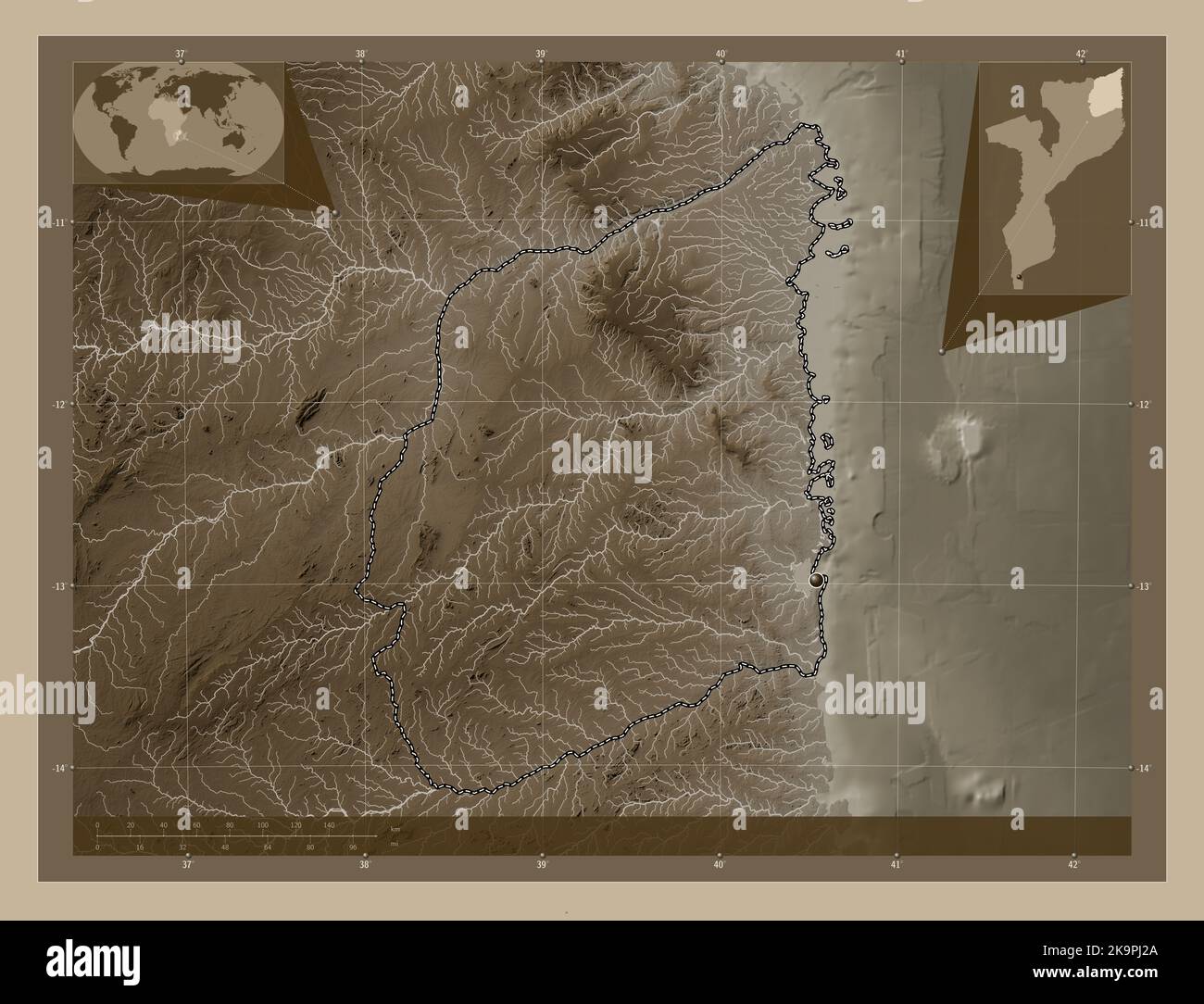 Cabo Delgado, province of Mozambique. Elevation map colored in sepia ...