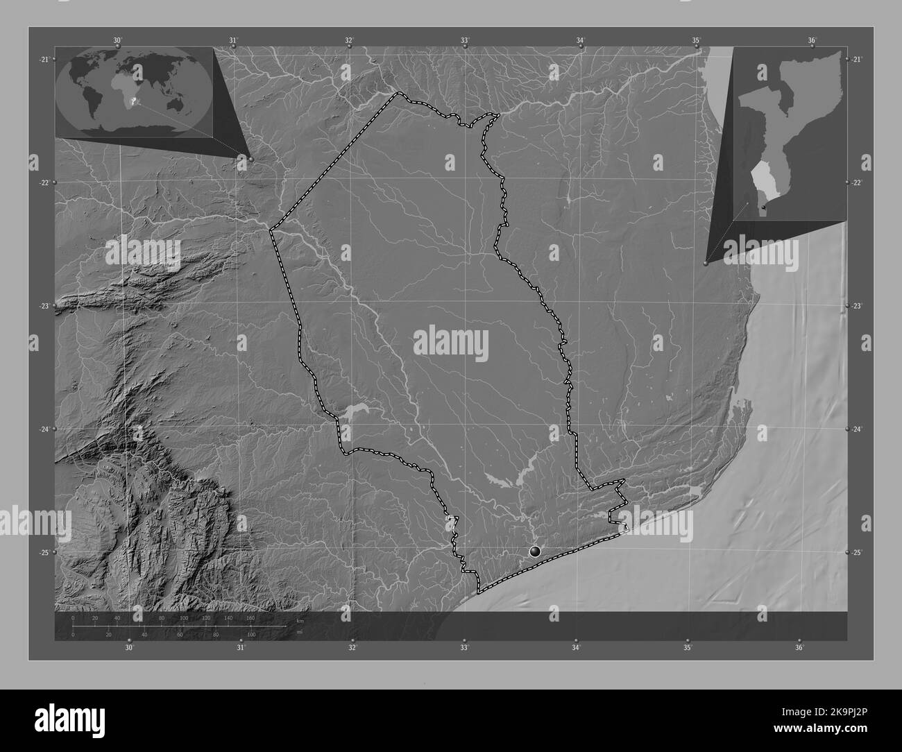 Gaza, province of Mozambique. Bilevel elevation map with lakes and ...