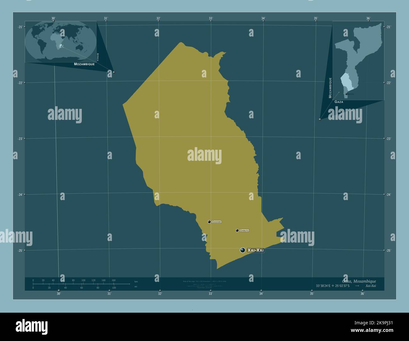 Gaza, province of Mozambique. Solid color shape. Locations and names of ...