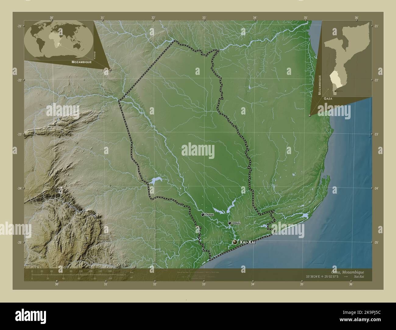 Gaza, province of Mozambique. Elevation map colored in wiki style with lakes and rivers ...