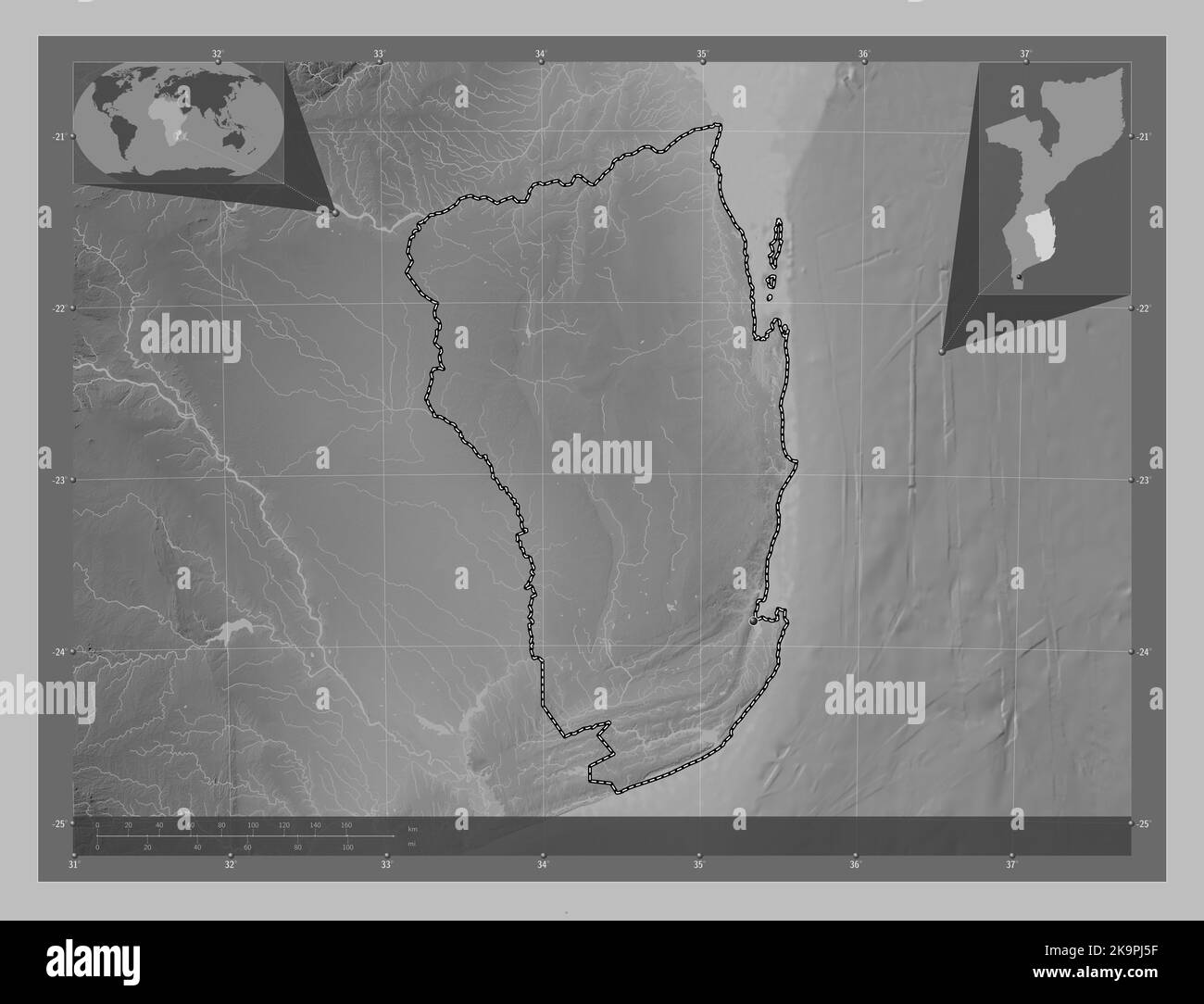 Inhambane, province of Mozambique. Grayscale elevation map with lakes ...