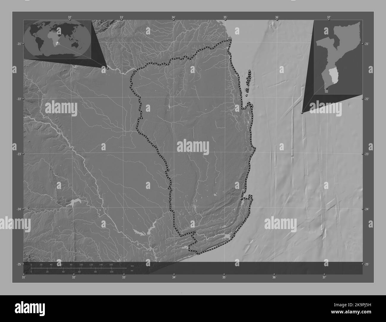 Inhambane, province of Mozambique. Bilevel elevation map with lakes and ...