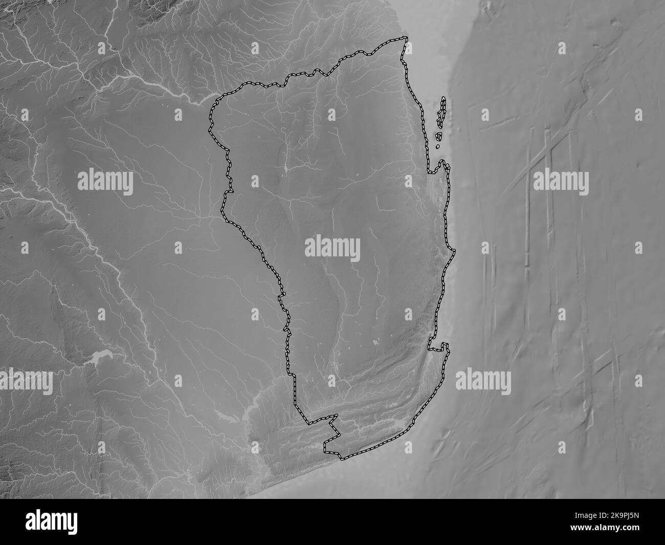 Inhambane, province of Mozambique. Grayscale elevation map with lakes ...