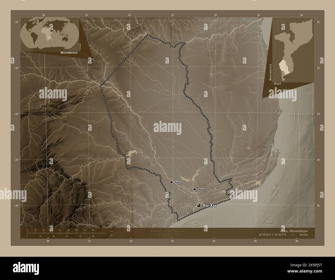 Gaza, province of Mozambique. Elevation map colored in sepia tones with ...