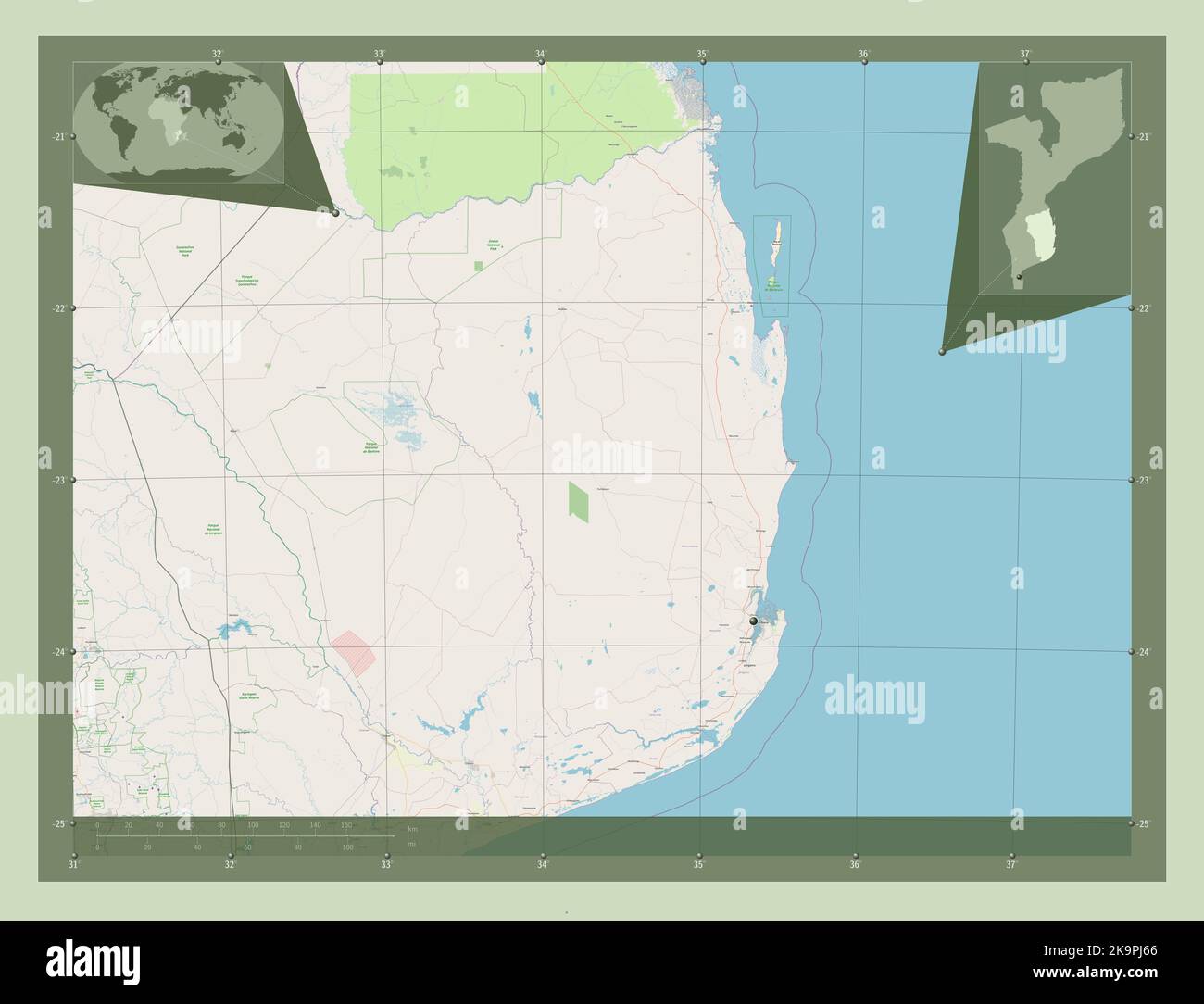 Inhambane, province of Mozambique. Open Street Map. Locations of major ...