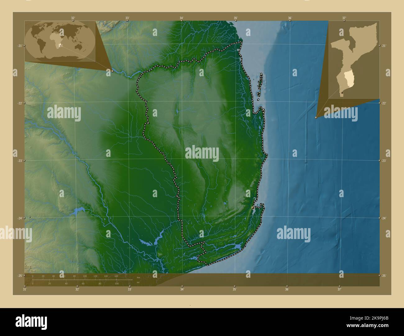 Inhambane, province of Mozambique. Colored elevation map with lakes and ...