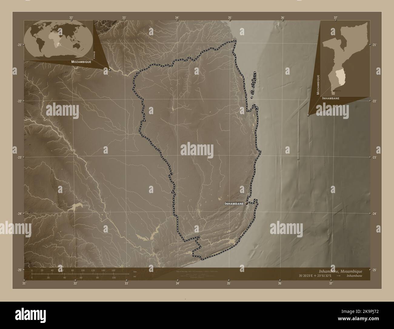 Inhambane, province of Mozambique. Elevation map colored in sepia tones ...