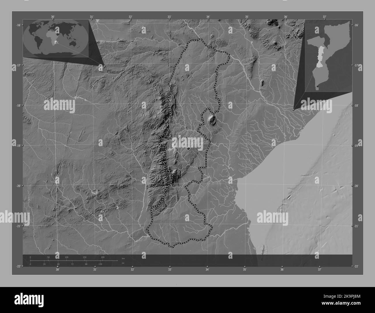 Manica, province of Mozambique. Bilevel elevation map with lakes and ...