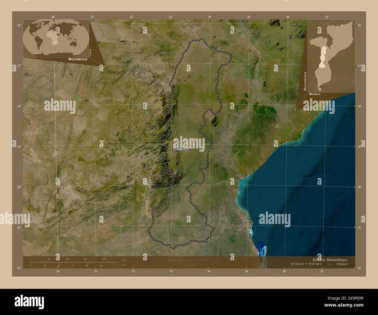 Manica, province of Mozambique. Low resolution satellite map. Locations ...