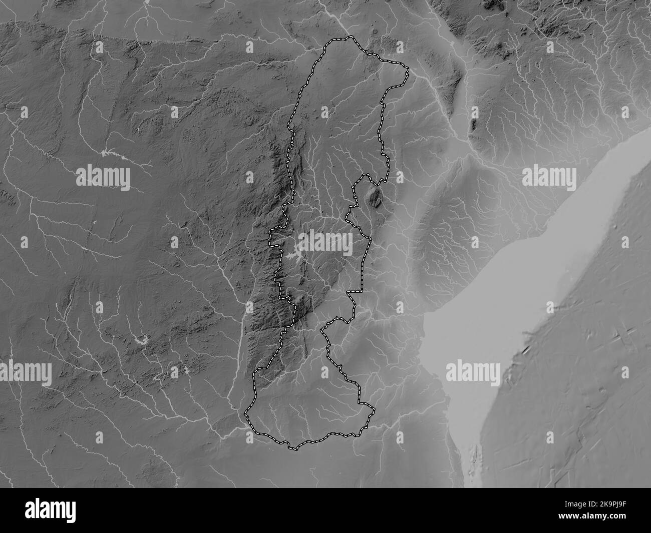 Manica, province of Mozambique. Grayscale elevation map with lakes and ...