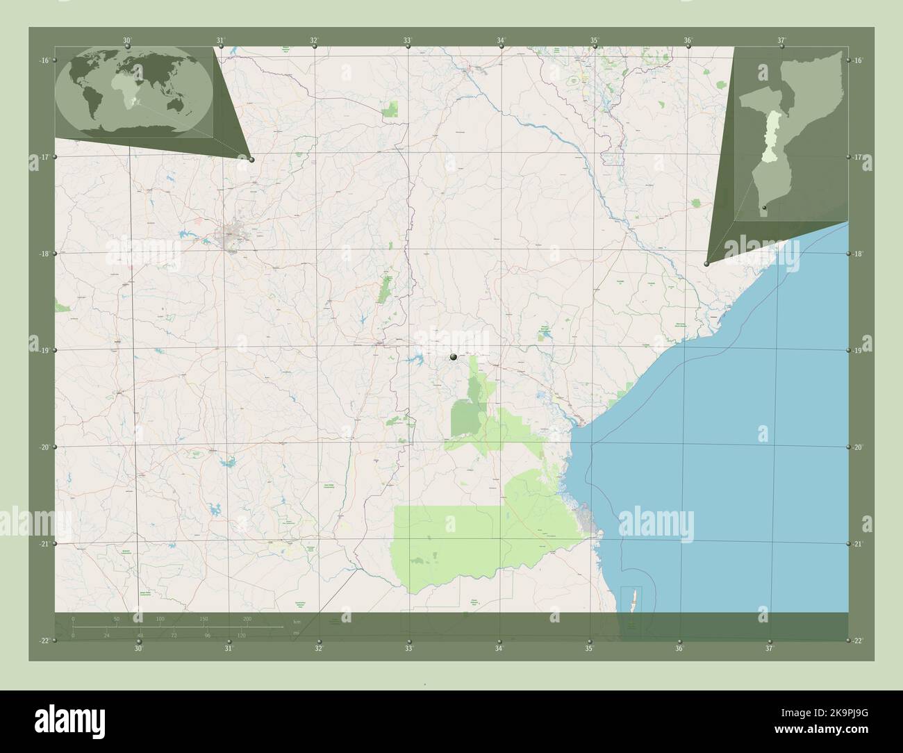 Manica, province of Mozambique. Open Street Map. Locations of major ...